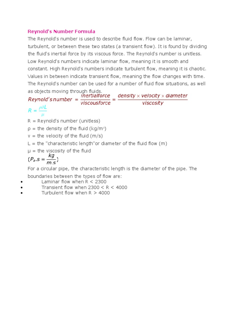 Reynold's Number Formula | PDF
