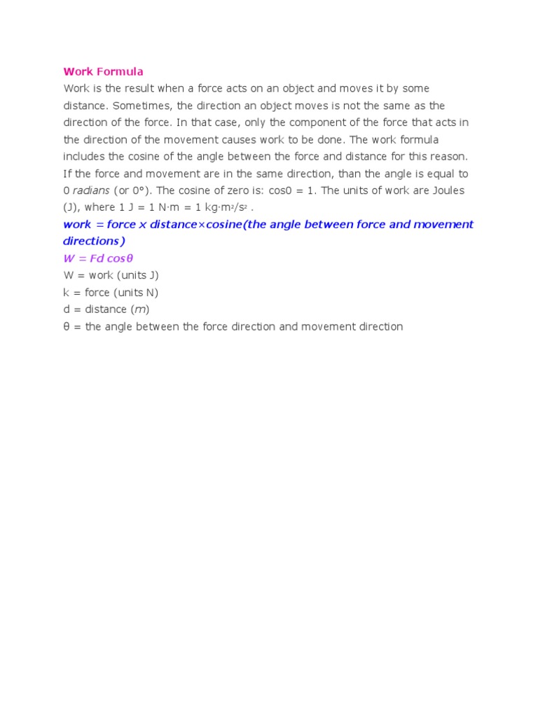 Work Formula: Work Force X Distance×cosine (The Angle Between Force and ...