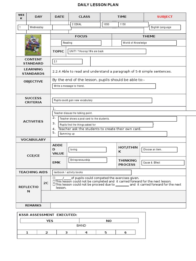 By The End of The Lesson, Pupils Should Be Able To:-: DAY Date Class ...