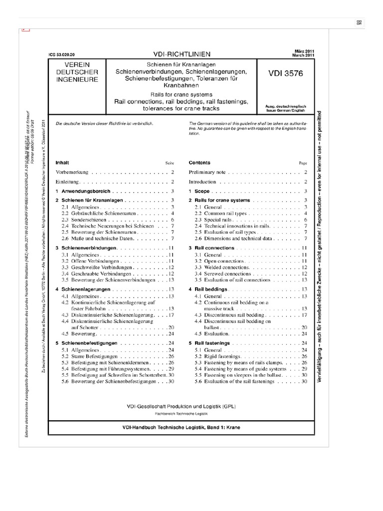 VDI 3576.2011 - Rails For Crane Systems | PDF