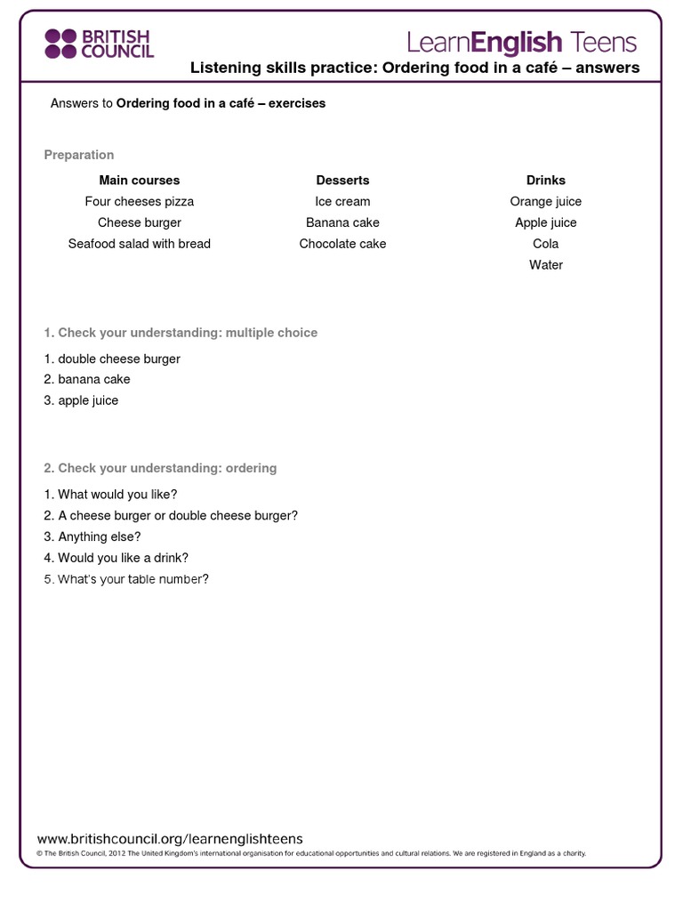 Ordering Food in A Cafe - Answers 4 | PDF | Food And Drink Preparation ...