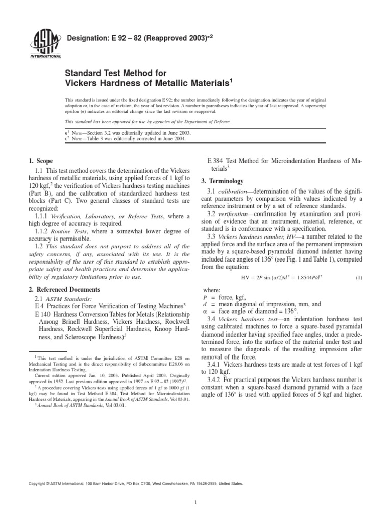 ASTM E92 Vickers Hardness of Metallic Materials | PDF | Applied And ...
