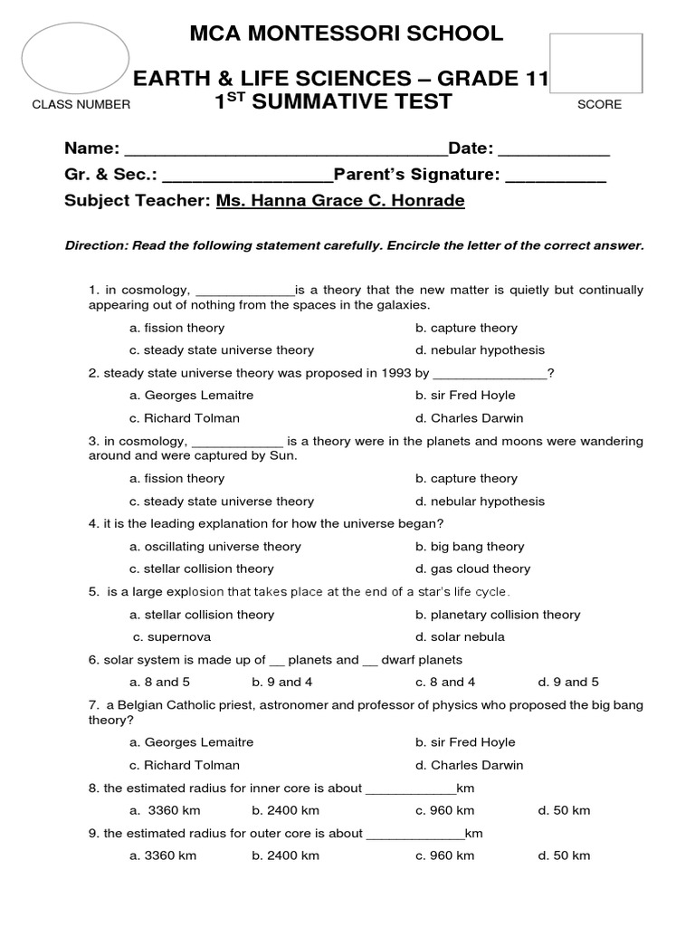 Grade 11 Earth & Life Sciences Test | PDF | Rock (Geology) | Earth