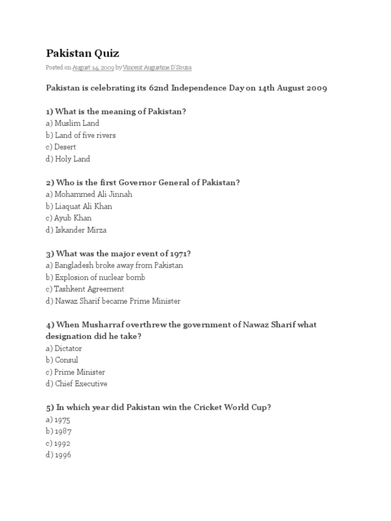 Pakistan Quiz: Posted On August 14, 2009 by Vincent Augustine D'Souza ...