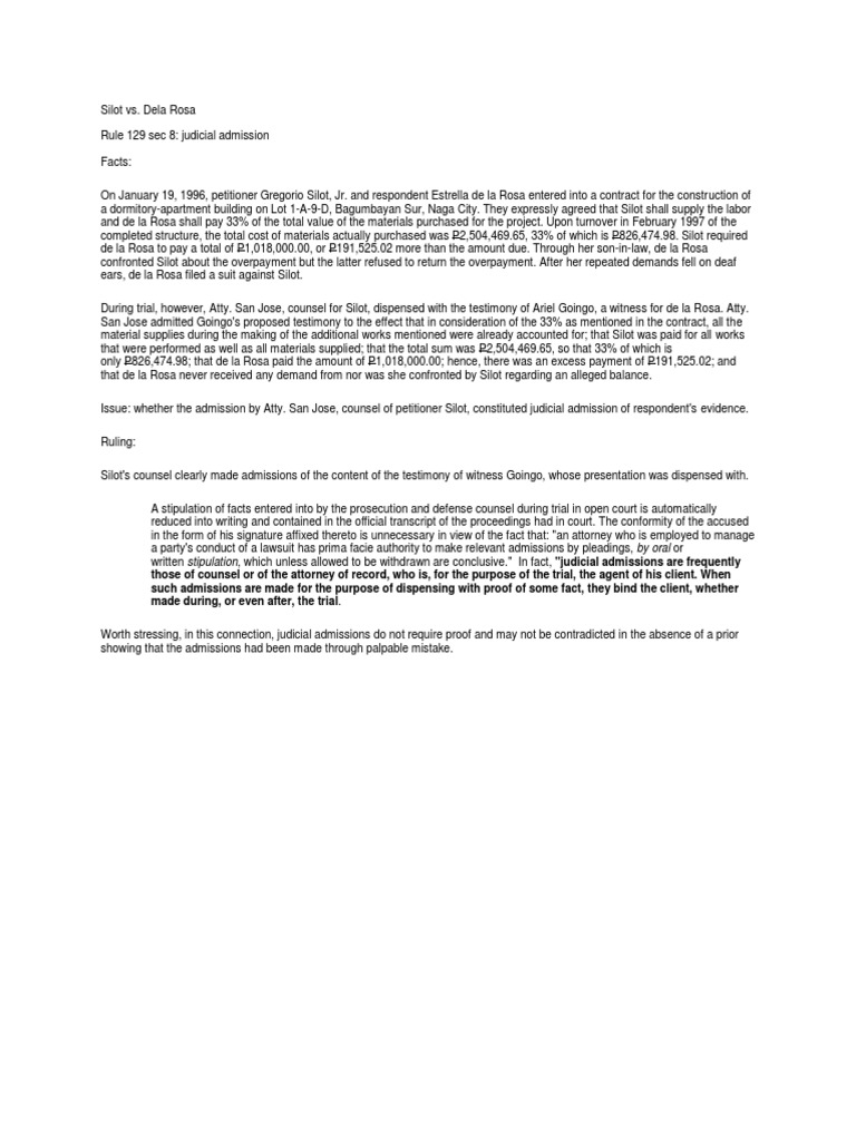 Rule 129 Section8 Judicial Admission | PDF | Evidence (Law) | Judiciaries