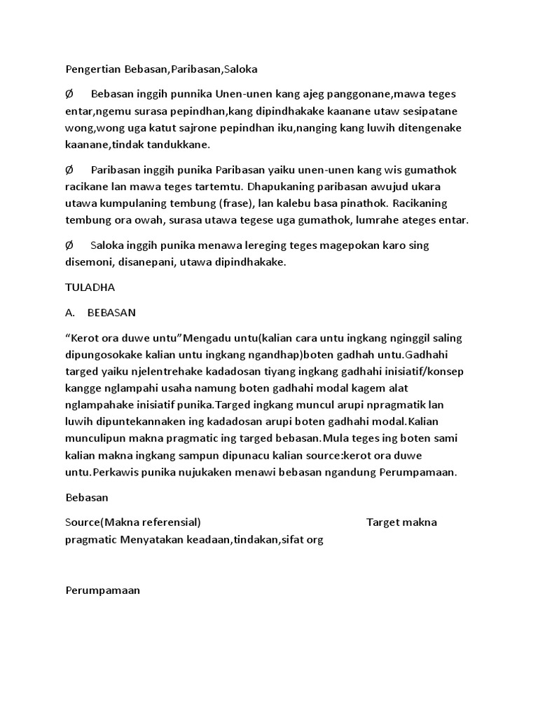 Bebasan, Paribasan, Saloka: Pengertian dan Contoh | PDF | Pengembangan Diri