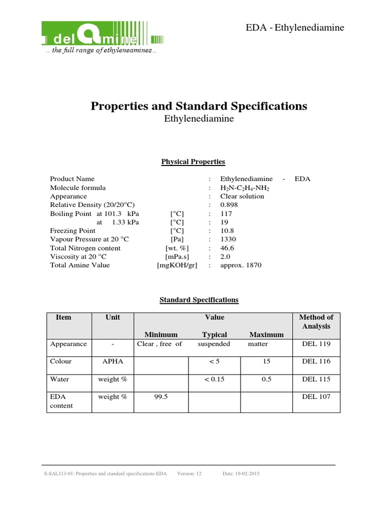 Properties and Standard Specifications: Eda - Ethylenediamine | PDF