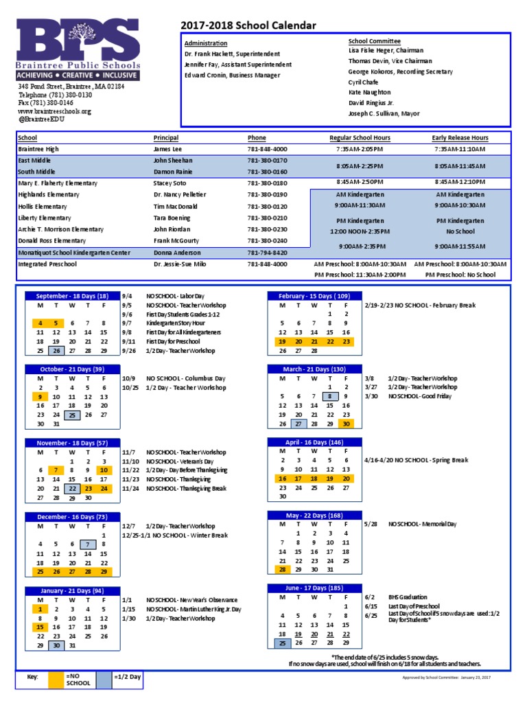Braintree School 2017-18 Calendar | PDF | The United States | Schools