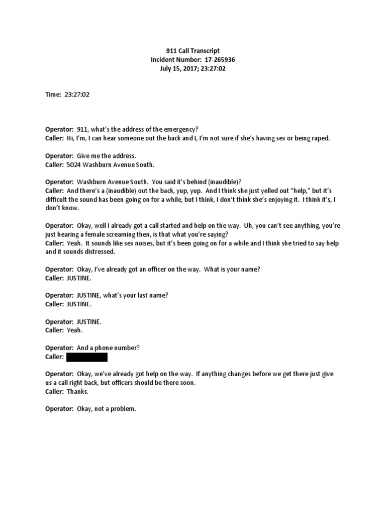 Transcript of The 911 Call by Justine Ruszczyk | PDF