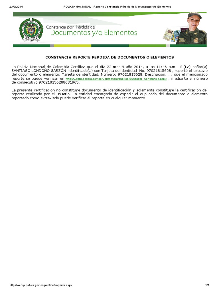 POLICIA NACIONAL - Reporte Constancia Pérdida de Documentos Y - o Elementos | PDF | Ciencias ...