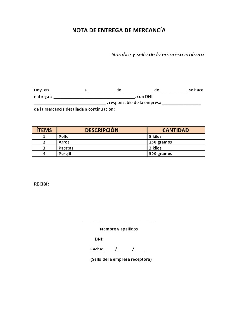 Ejemplo Nota de Entrega Mercancia Word | PDF