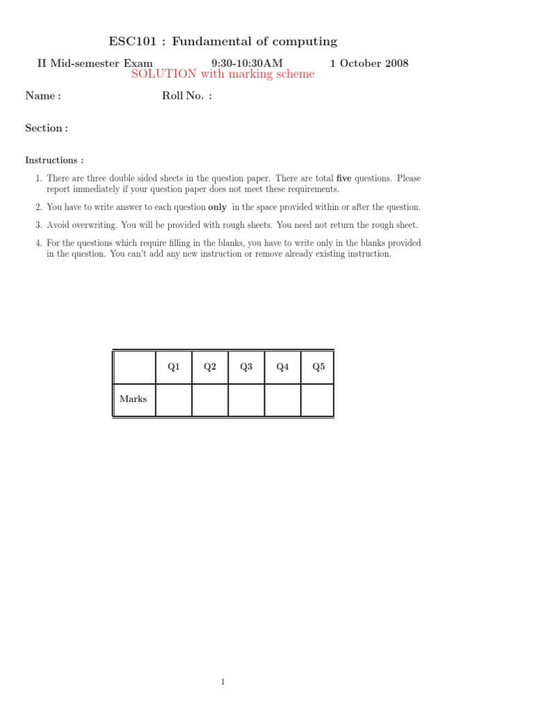 SOLUTION With Marking Scheme: ESC101: Fundamental of Computing | PDF | Integer (Computer Science ...