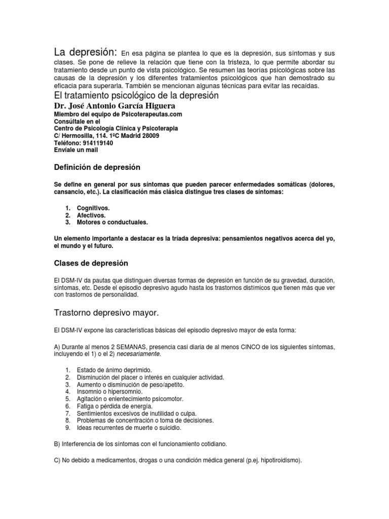 La Depresión | PDF | Trastorno depresivo mayor | Depresión (estado de ...