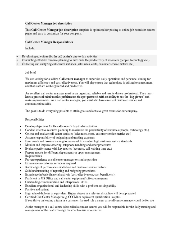 Call Center Manager Job Description | PDF | Call Centre | Regulatory ...