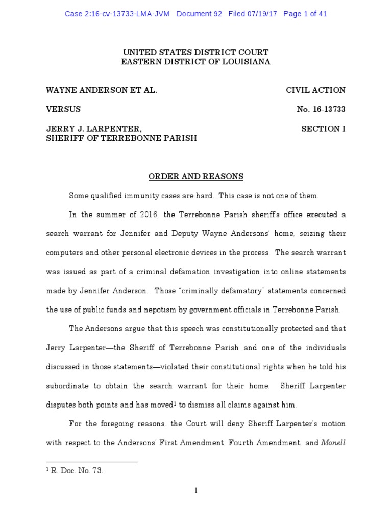 Order and Reasons in Anderson vs. Larpenter | PDF | Defamation ...