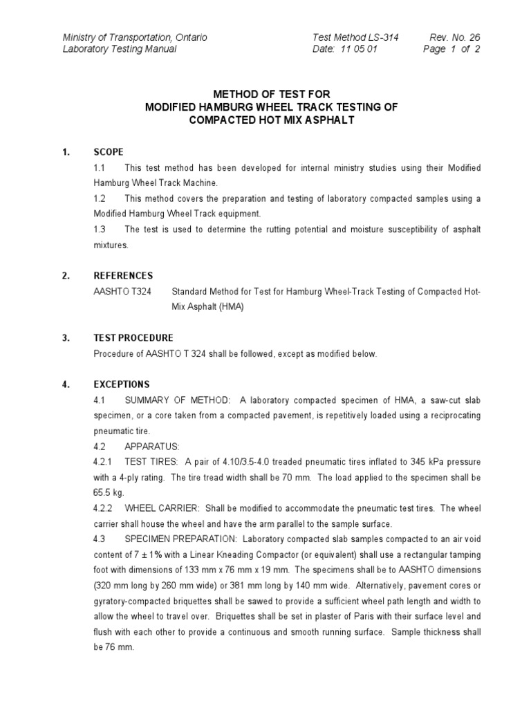Method of Test For Modified Hamburg Wheel Track Testing of Compacted ...