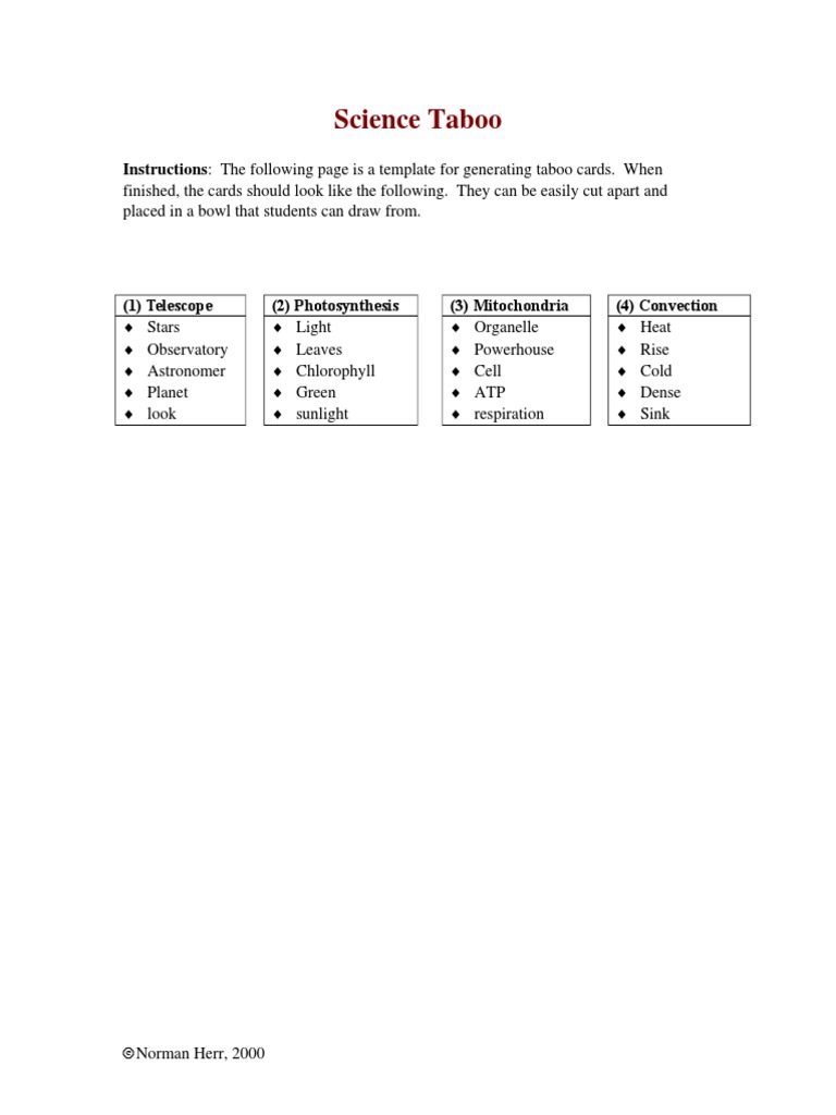 Science Taboo Card Template | PDF