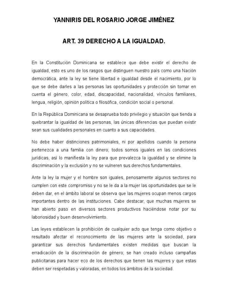 Analisis del Art. 39 de la Constitucion Dominicana | Mujer | Discriminación