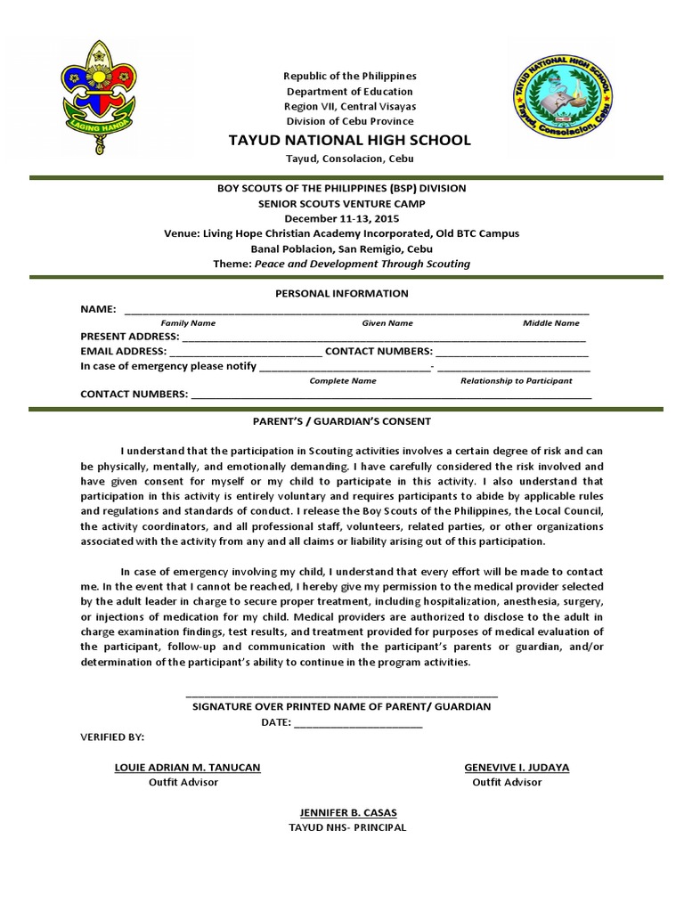 BSP Parents Consent | PDF | Consent | Boy Scouts Of America