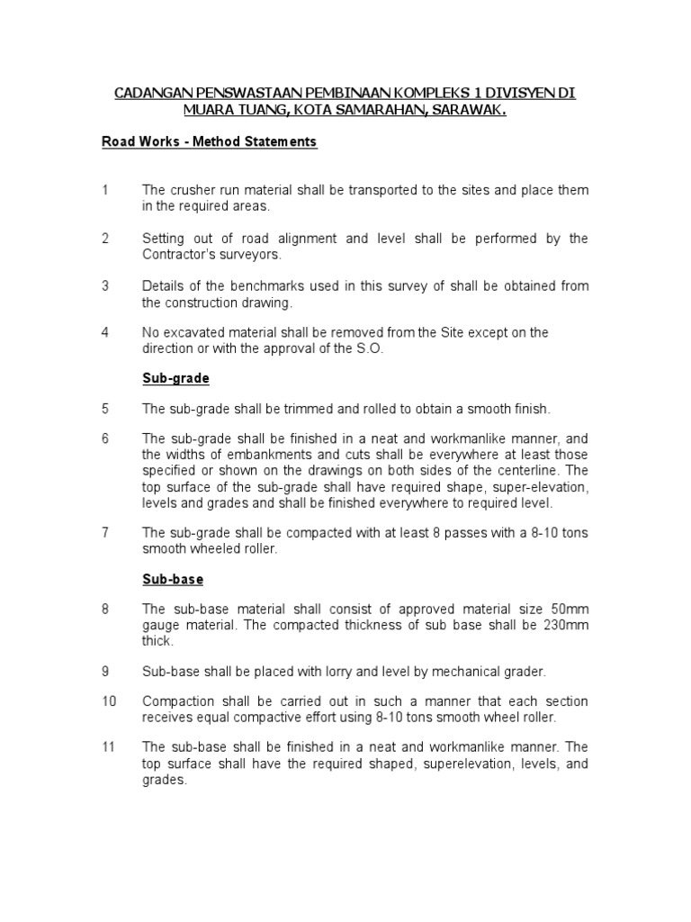 Road Works Method Statement | PDF | Asphalt | Industries