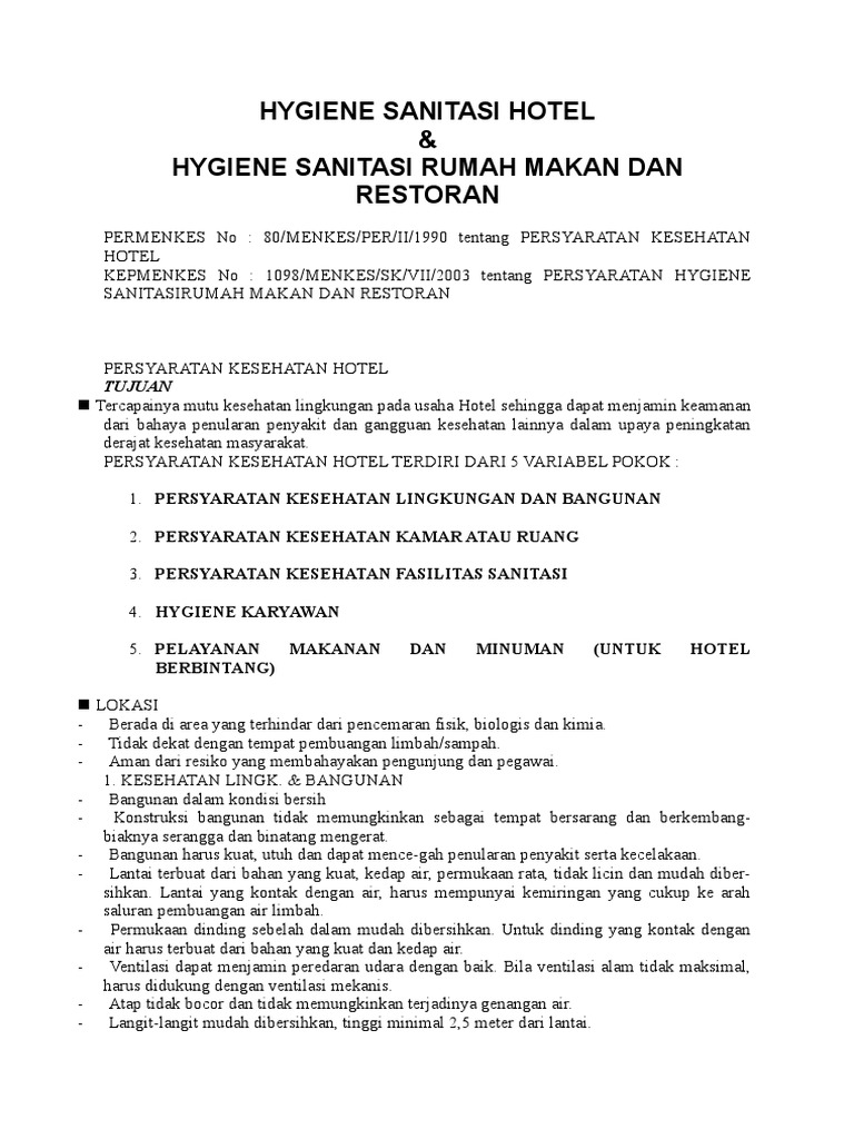 Hygiene Sanitasi Hotel | PDF