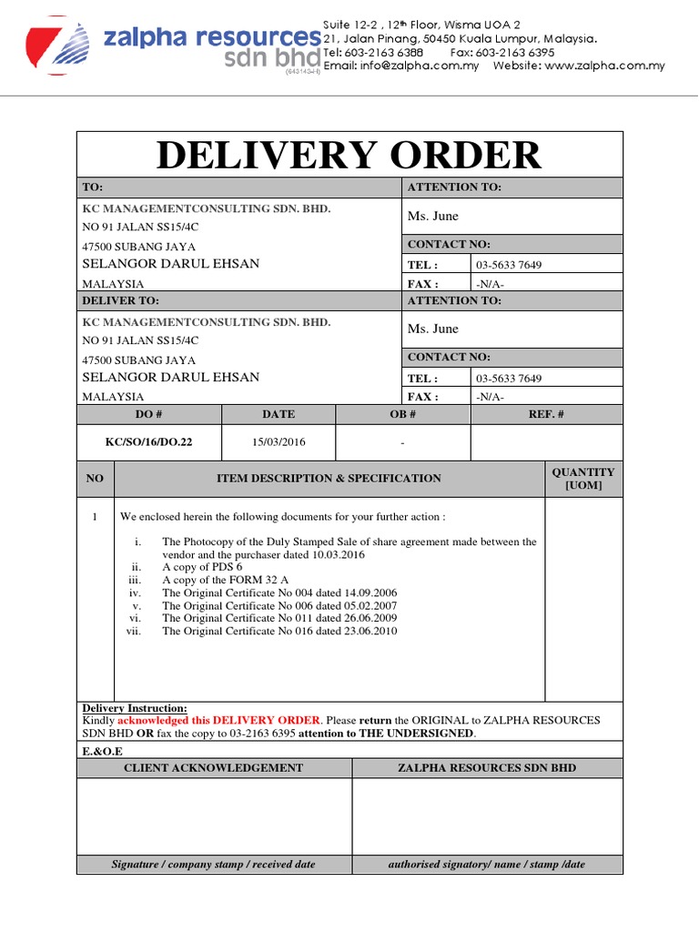 Transmittal Delivery Order | PDF