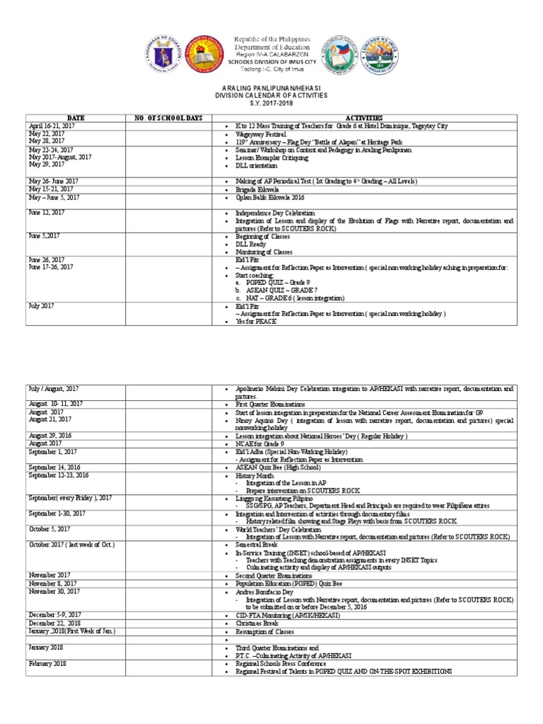 Araling Panlipunan Month Activities 2017-2018 | PDF | Philippines ...