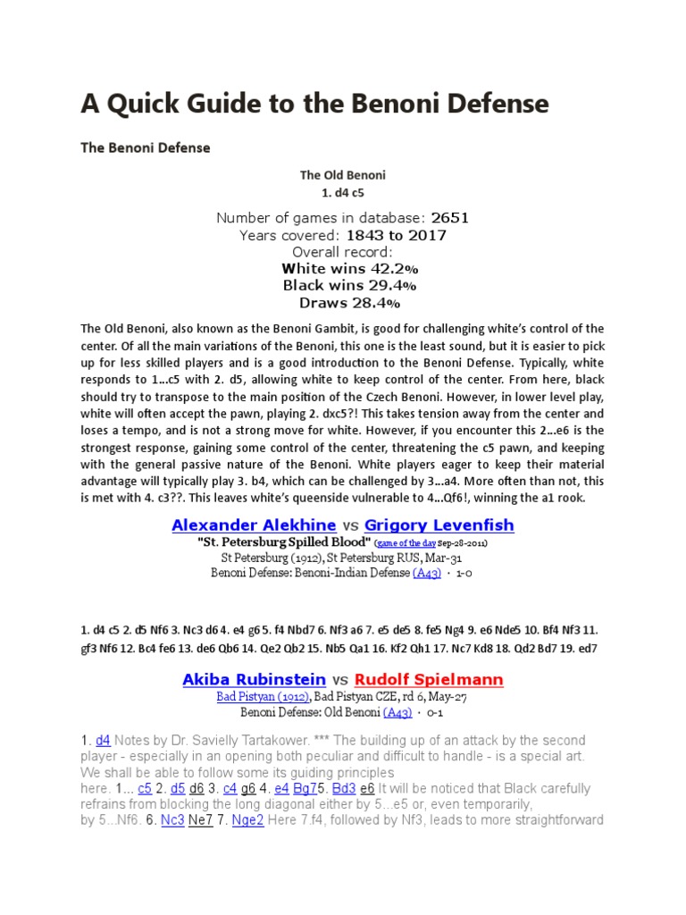 A Quick Guide To The Benoni Defense | PDF | Chess Openings | Board Games