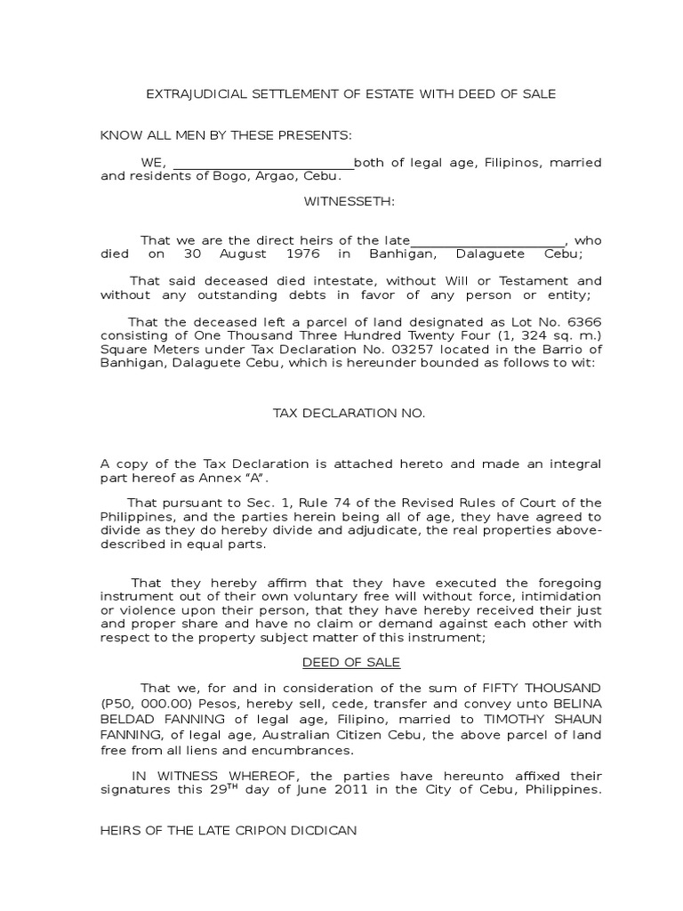 Extrajudicial Settlement With Sale | Deed | Law And Economics