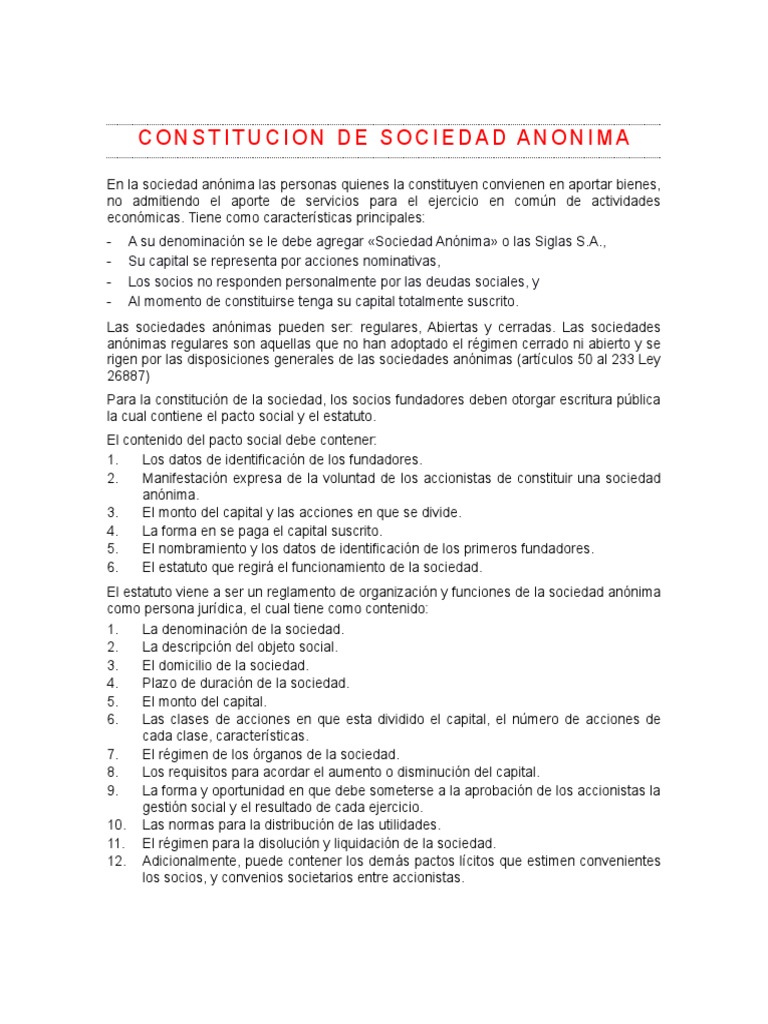 Modelo de Constitucion de Sociedad Anonima | Sociedad de responsabilidad limitada | Business