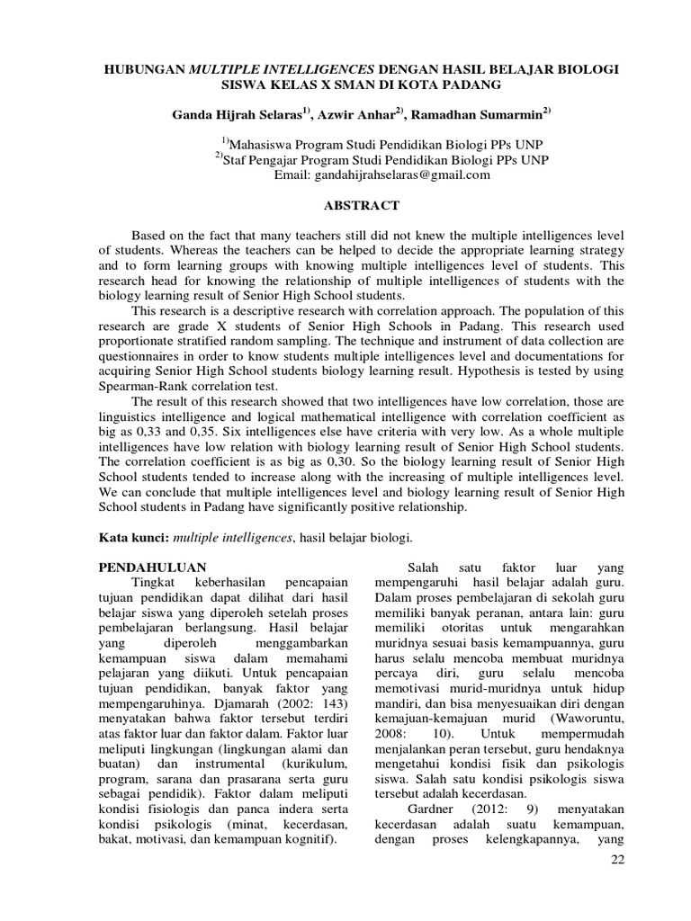 Hubungan Multiple Intelligences Dengan Hasil Belajar Biologi Siswa ...