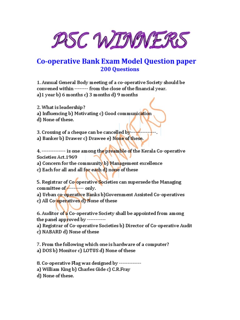 Co-Operative Bank Exam Model Question Paper@PSC WINNERS | PDF | Cheque ...