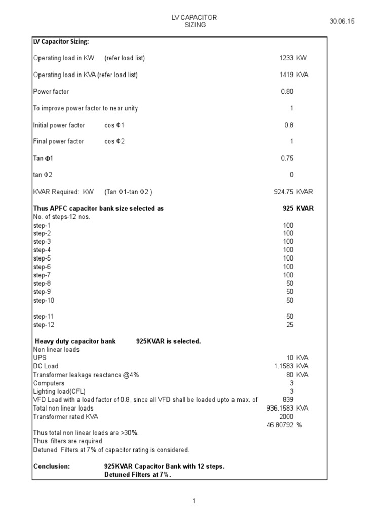 925 KVAR Capacitor Bank Sizing | PDF | Capacitor | Power (Physics)