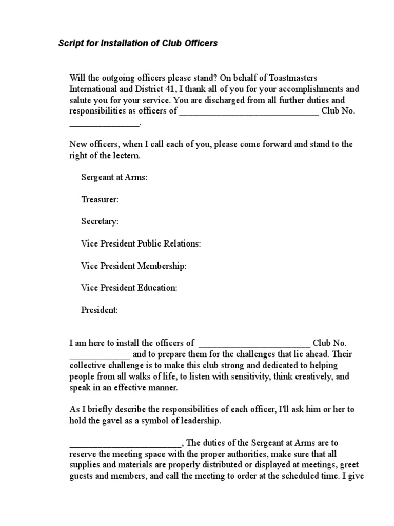 Script For Installation of Club Officers | PDF | Leadership