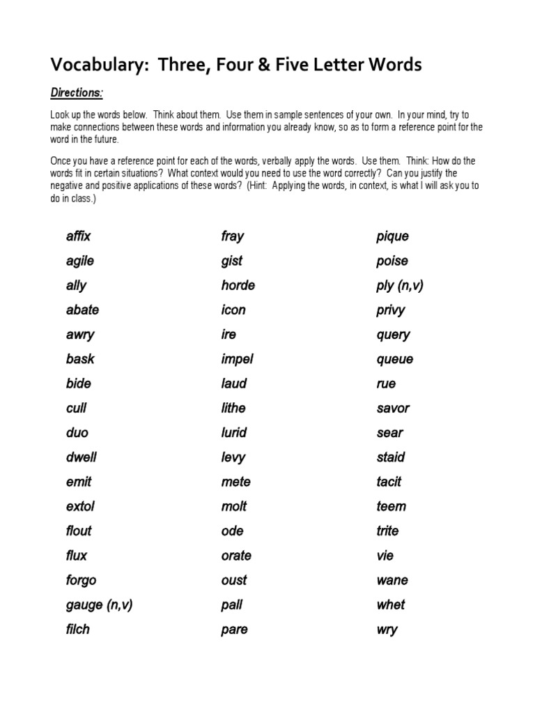 Vocabulary: Three, Four & Five Letter Words: Directions | PDF