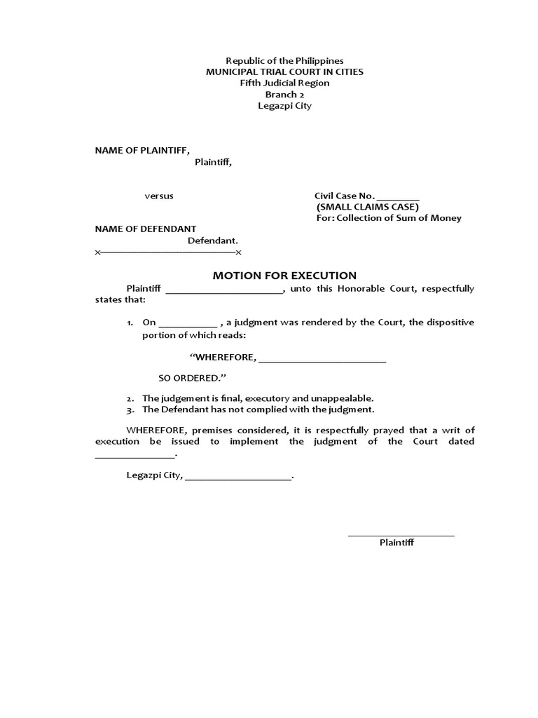 Motion for Execution Small Claims Template