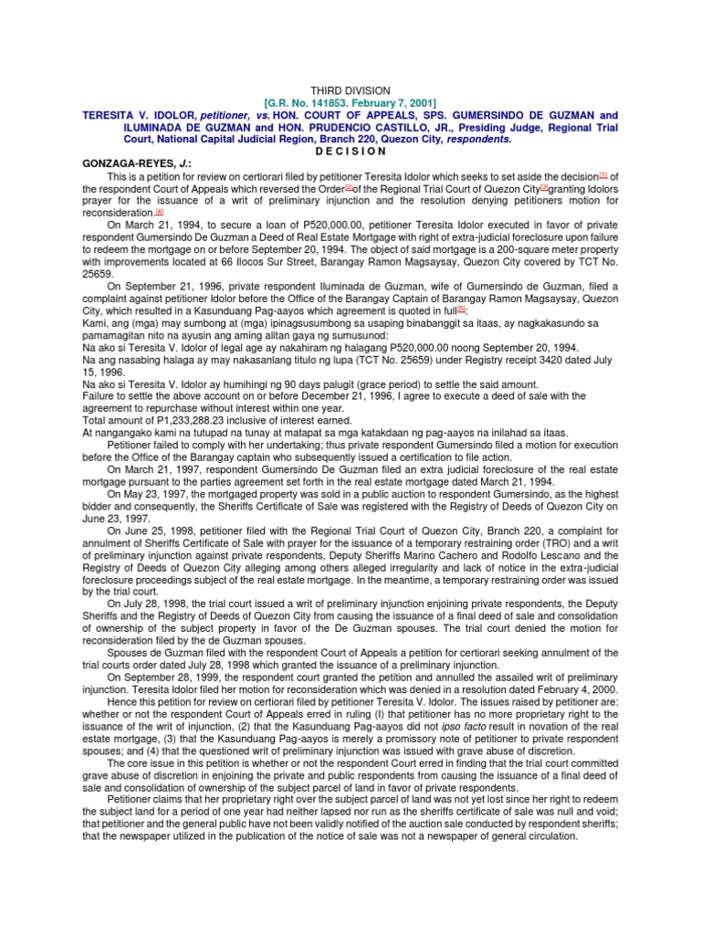 Writ of Injunction To Possession | PDF | Foreclosure | Mortgage Law