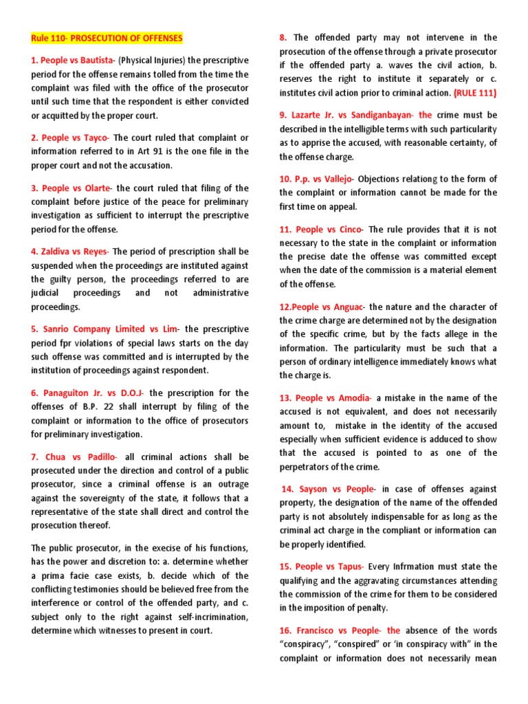 Criminal Procedure Rule 110 Cases Reviewer | PDF | Prosecutor | Criminal Procedure In South Africa