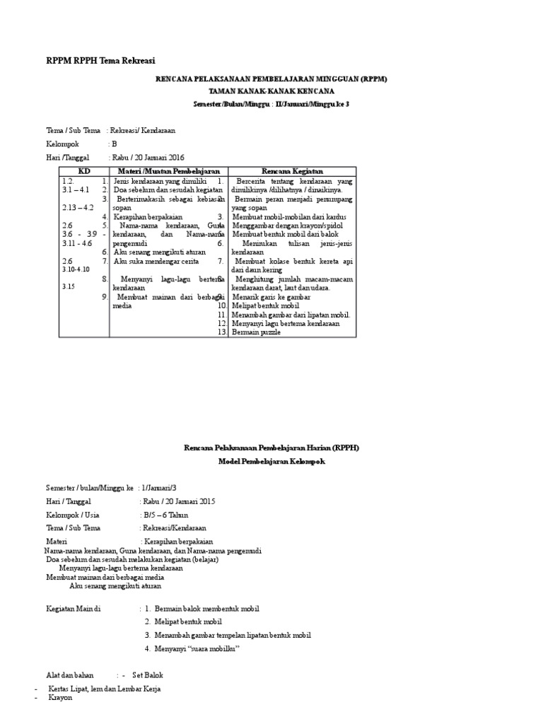 RPPH Tema Rekreasi Kendaraan TK B | PDF