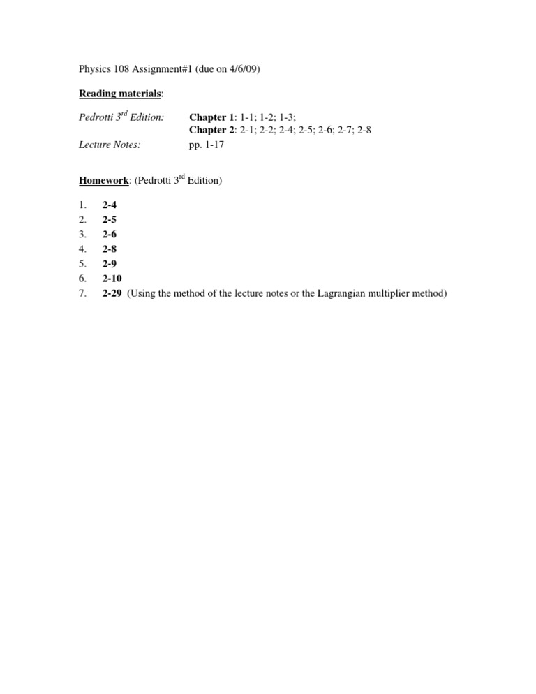 Physics 108 Assignment 1 Details | PDF