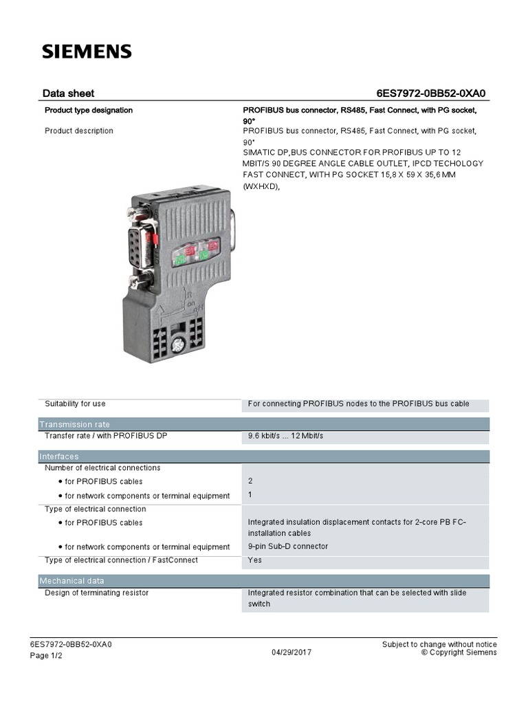 Siemens DP Profibus Connector 1 | PDF | Electrical Connector | Electronics