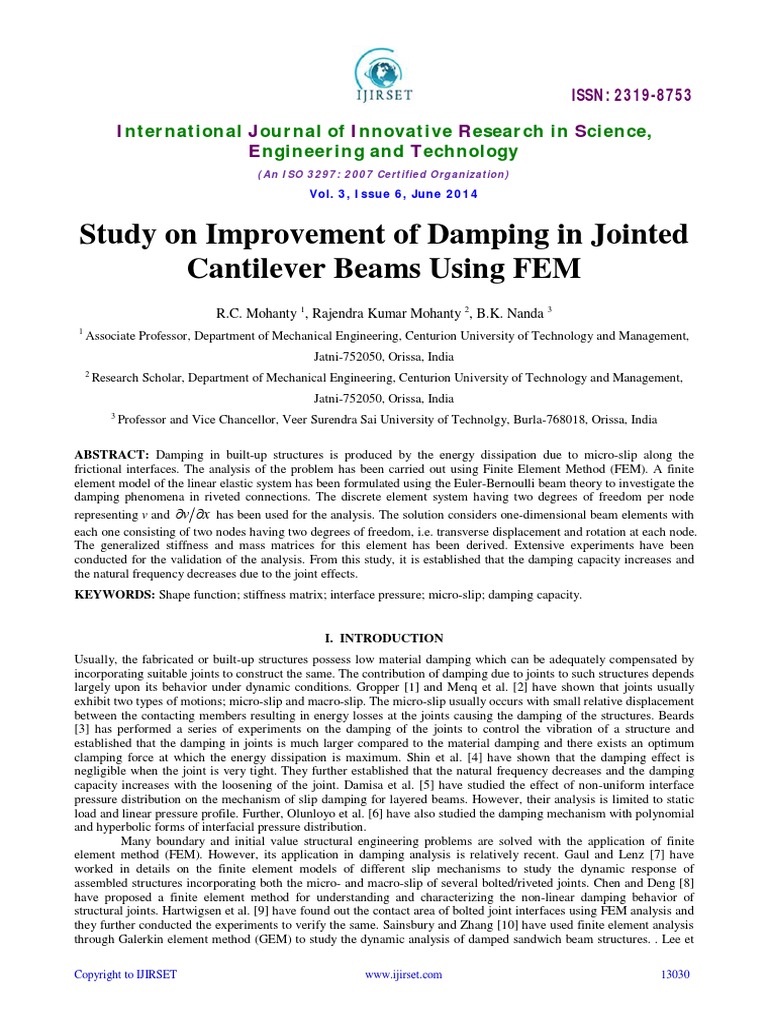 Study On Improvement of Damping in Jointed Cantilever Beams Using FEM | PDF | Finite Element ...