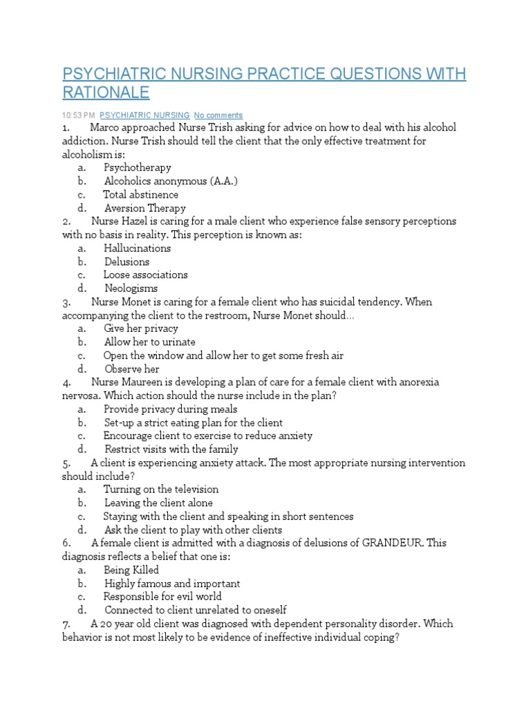 Psychiatric Nursing Practice Questions With Rationale | PDF | Anxiety ...