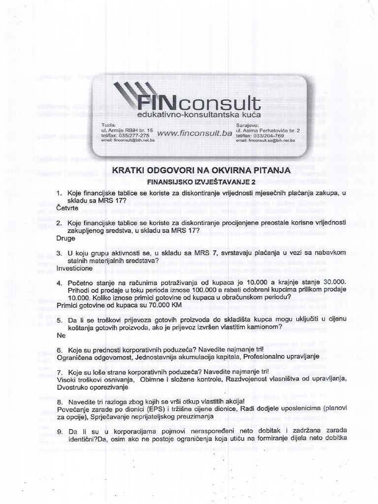 FINconsult Odgovori Na Probna Pitanja Finansijsko Izvještavanje 2 | PDF