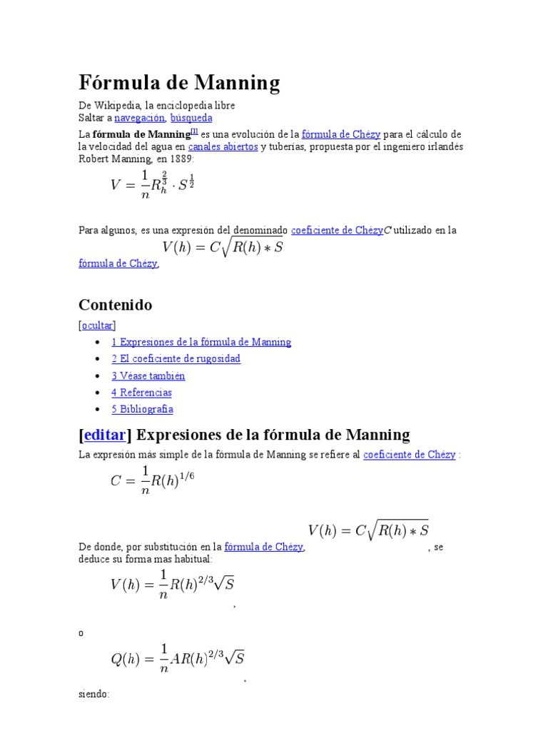 Fórmula de Manning para Caudales | PDF | Ingeniería mecánica ...