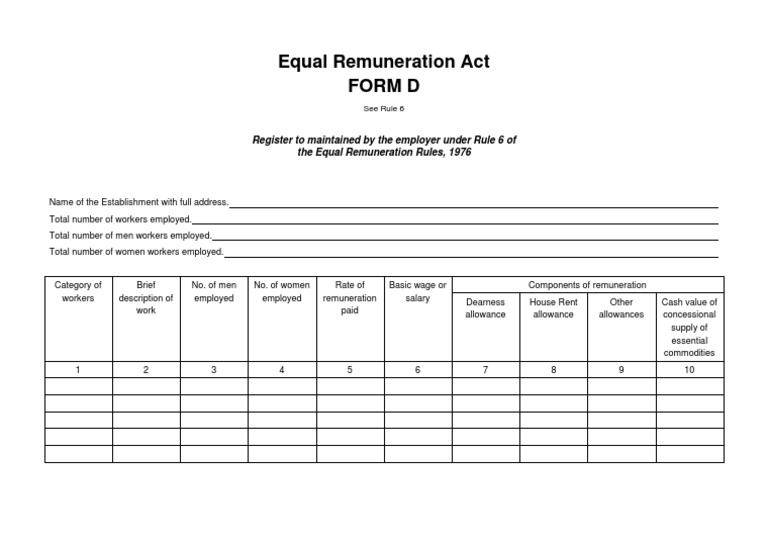 Form D-Equal Renumeration Act, 1976 | PDF