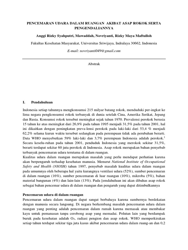 Pencemaran Udara Dalam Ruangan Akibat Asap Rokok Serta Pengendaliannya ...