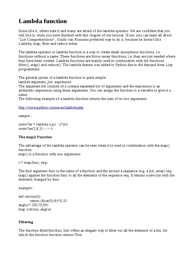 Lambda Function Pdf Anonymous Function Parameter Computer Programming