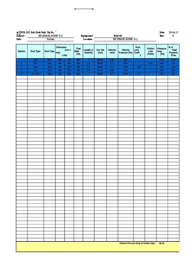 Duct Static Pressure Loss Calculation-BF EAF-08 (T1) | Duct (Flow) | Pump