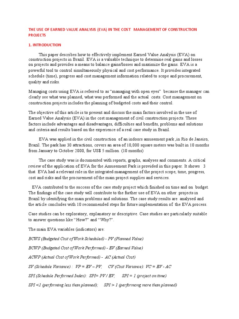 The Use of Earned Value Analysis (Eva) in The Cost Management of Construction Projects | PDF ...